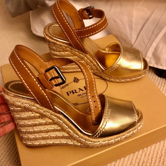 Prada | Shoes | Brand New Prada Wedge Sandals Goldtan | Poshmark
